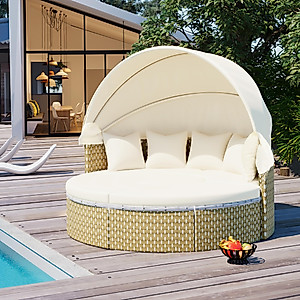 Merax Patio Furniture Round Outdoor Sectional Sofa Set, Rattan Daybed Two-Tone Weave Sunbed with Retractable Canopy, Separate Seating and Removable Cushion, Beige