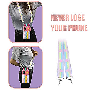 B-wishy Fidget Toys Stress Relief Phone Case for Samsung Galaxy A02S,A03S, with Strap,Push Pop Bubble 3D Cartoon Funny Cute Silicone Cover for Girls Kids Teen, Aesthetic Color Bubble Case-Rainbow