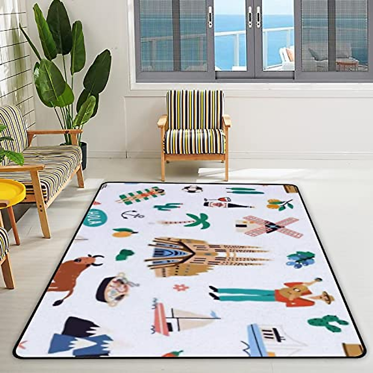 ZHIMI Rug Colored Spanish Culture Pattern White Area Rug Non-Slip Living Room Carpet Accent Large Floor Mat Soft Microfiber Nursery Playmat for Babies