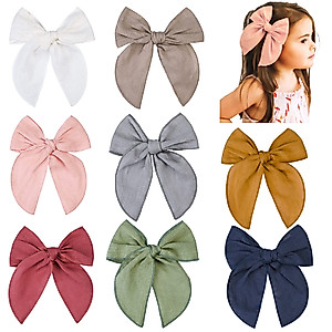 DEEKA 8 PCS Large Fable Cotton Linen Hair Bow for Toddlers Girls Handmade Neutral Hair Accessories for Little Girls Kids