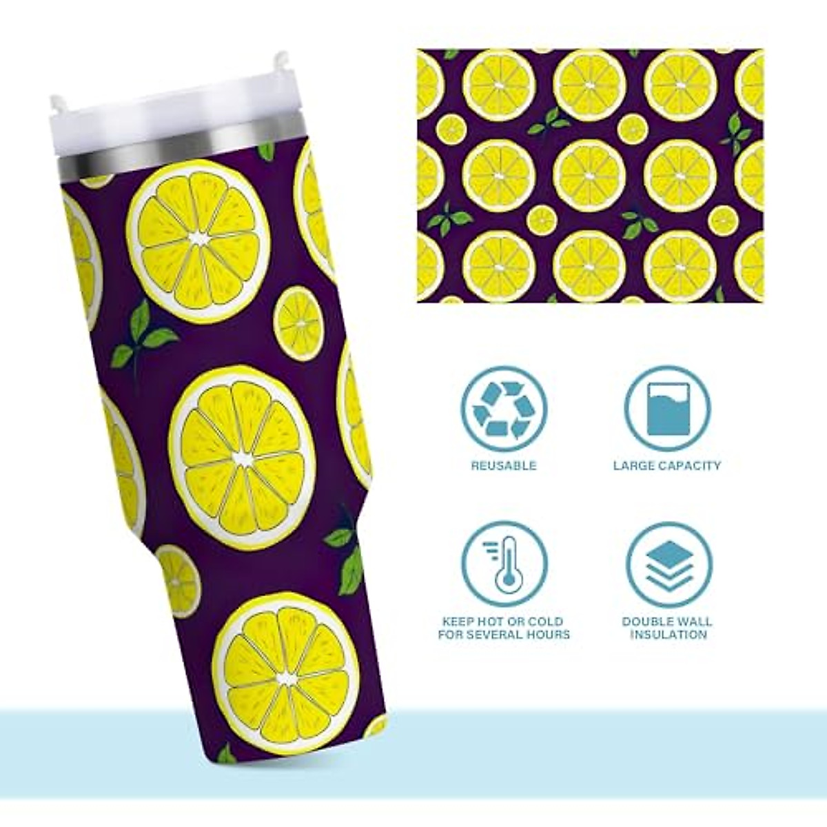 Lemon Purple Stainless Steel Insulated Tumbler with Straw and Handle for Water, Tumbler Insulated 30 OZ / 0.89 L