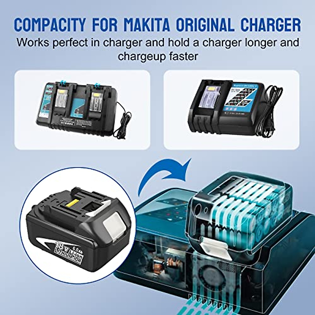 2Pack 18v BL1860B Replacement Battery 6.0Ah Compatible with Makita 18 Volt Battery Lithium ion BL1860 BL1850 BL1840 BL1830 BL1820 BL1815B LXT400 194204-1 with LED Indicator Cordless Power Tools