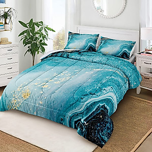 Bedbay Blue and Gold Marble Bedding Comforter Set Queen Size Teal Bedding Boys Girls Queen Duvet Set 3 Pcs Modern Marble Texture Quilt Set Bedroom Guest Room Decor Soft and Lightweight(Blue,Queen)