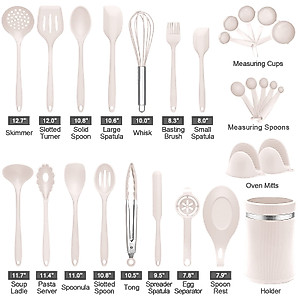 Silicone Cooking Utensils Set, 28PCS Kitchen Utensils Set with Holder, AIKWI Heat-Resistant & Non-stick Silicone Spatula, Tongs,Spoon for Cooking, BPA Free Kitchen Tools Gift (Khaki)