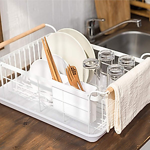 BRIAN & DANY Kitchen Dish Drainer, Large Drying Rack with Full-Mesh Storage Basket, Wooden Handle, Removable Plastic Cutlery Tray, 18.8" x 11.6" x 7.6"