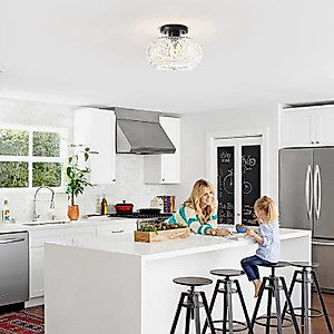 OYKYOHEI Semi Flush Mount Ceiling Light, Globe Glass Ceiling Light Fixture, Black Modern Lighting for Hallway Porch Corridor Kitchen Bedroom, Bulb Not Included