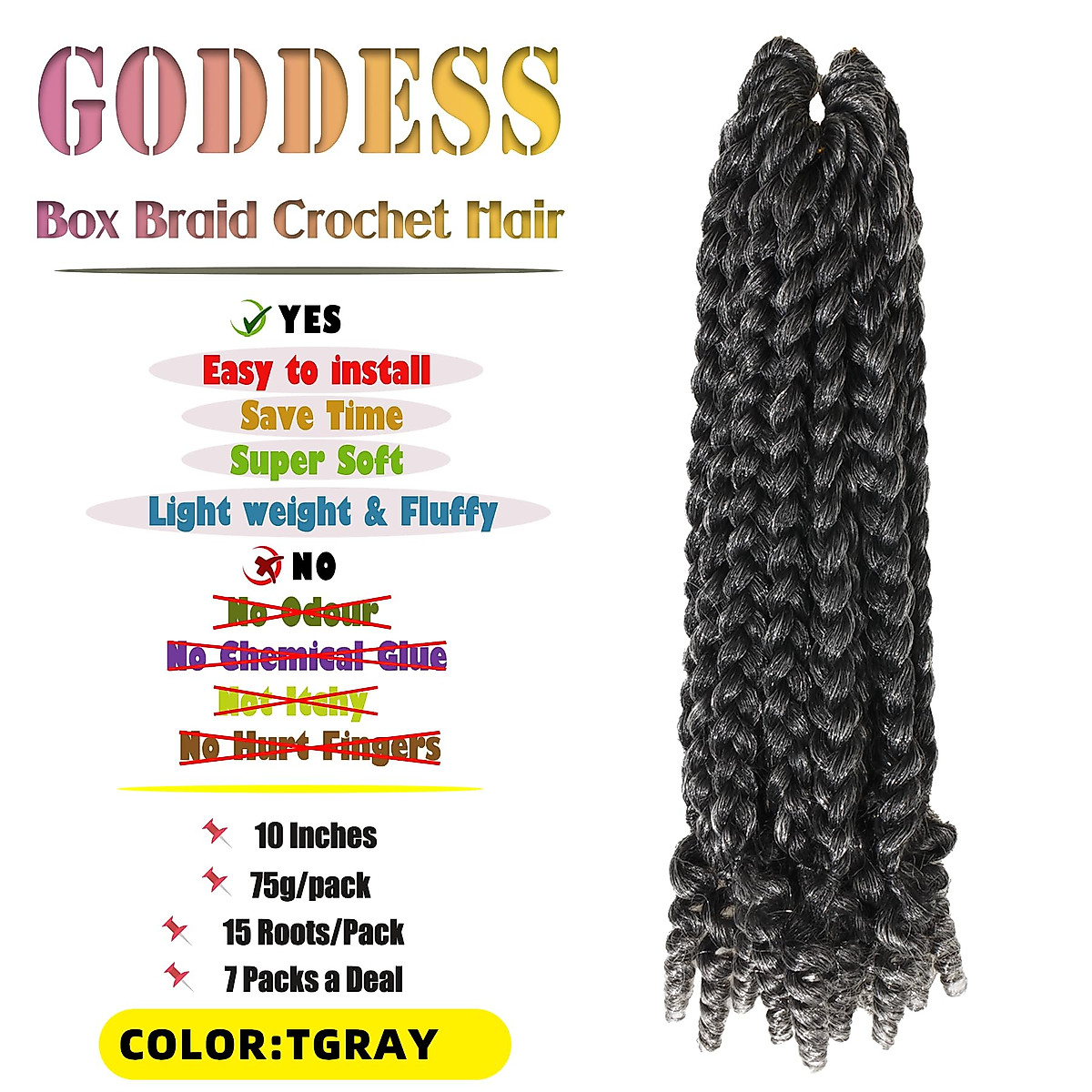 7 Packs 10 Inches Goddess Box Braid Crochet Hair with Toni Curl Ends for Black Women,Mother and Baby Kids - Ombre Gray, Bohemian Box Braids Crochet Hair (105 Strands,T1B/Gray)