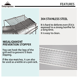 CAMPINGMOON Cooking Grate 2pcs set of Camping Grill Grate 304 Stainless Steel (L 9.3 x W 3.5 x H 0.7) for Camping Stove Grill Campfire Open Fire MTG-2G