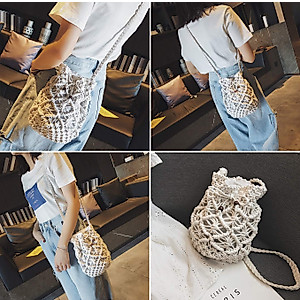 Nice Pies Womens Drawstring Crossbody Bag Beach Handwoven Purse Small Straw bucket bag retro woven hollow Messenger bag
