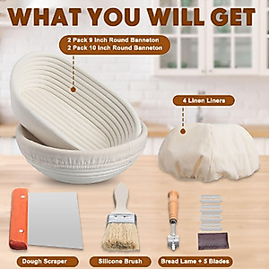 Mifoci 4 Packs Sourdough Proofing Basket Set: Includes 9" Round and 10" Oval Banneton Baskets, Dough Scraper, Bread Scorer, Linen Liner, and Basting Brush for Professional Bread Baking