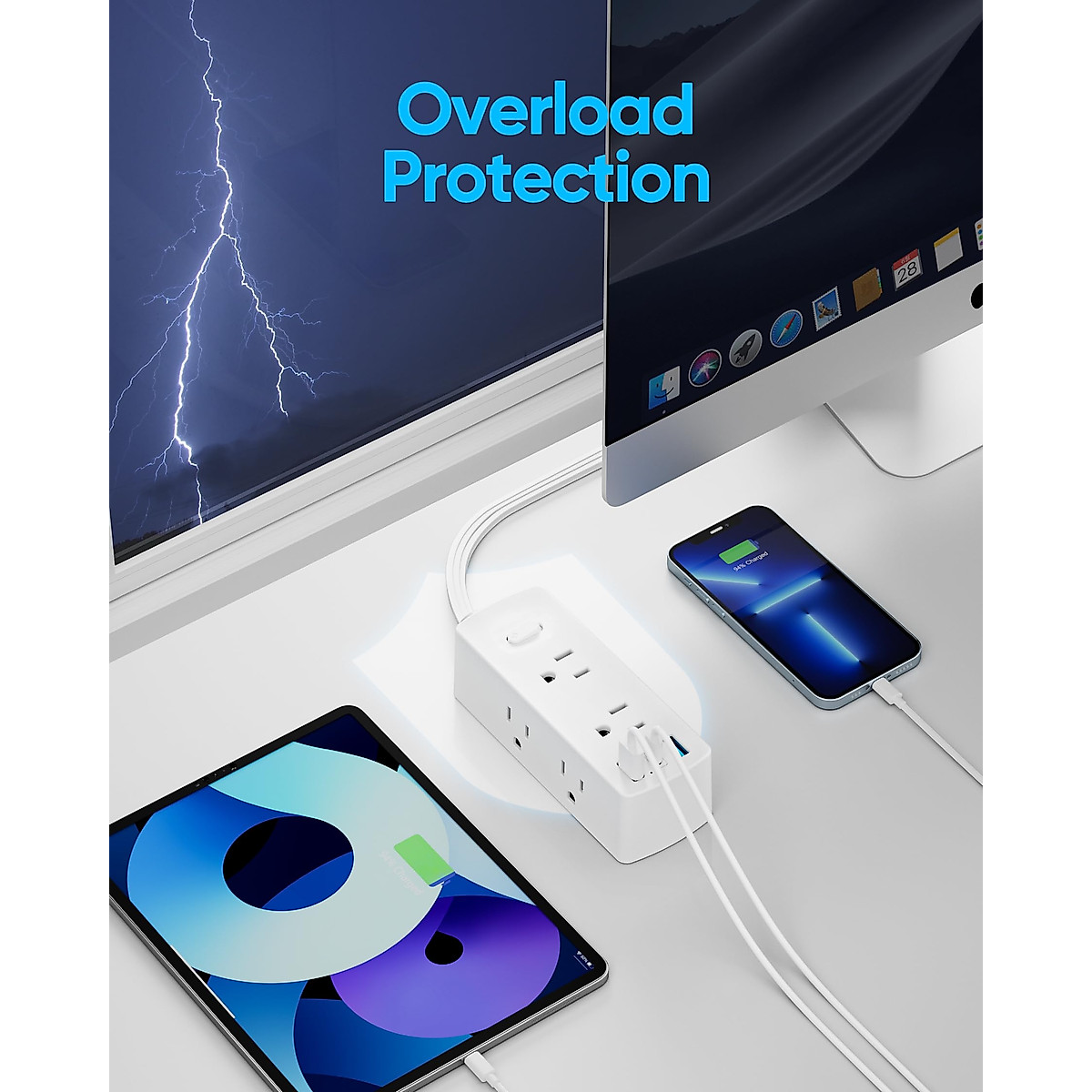 Flat Plug Power Strip, Olcorife Flat Extension Cord 5ft, 6 Outlets 3 USB Ports(1 USB C), 3-Side Outlet Extender Surge Protector for Home Office Travel Dorm Room Essentials, White