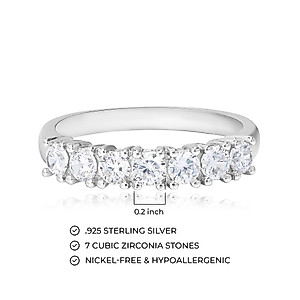 MORGAN & PAIGE Cubic Zirconia Wedding Anniversary Ring For Women - Brilliant Cut Seven Stone Classic Prong-Set Platinum Plated Sterling Silver Wedding Band - Size 8
