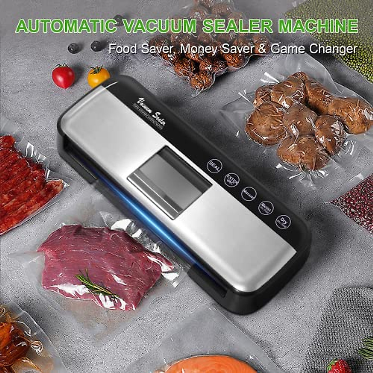 HWTONG Vacuum Sealer, 70 Kpa Powerful Automatic Food Saver Vacuum Sealer Machine with Moist/Dry Modes, Food Sealer Vacuum Sealers for Food Storage & Sous Vide with 15 Seal Bags & 1 Air Suction Hose
