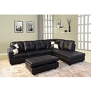 FlashBuy Sofa Sectional Sofa, L-Shape Faux Leather Sectional Sofa Couch Set with Chaise, Ottoman, 2 Toss Pillow Using for Living Room Furniture.（Black）