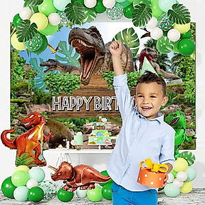Sensfun Dinosaur Park Birthday Backdrop Dinosaurs World Happy Bday Banner Photography Background for Kids Tropical Safari Jungle Dino Theme Birthday Party Decorations Supplies Photo Booth Props 7x5ft