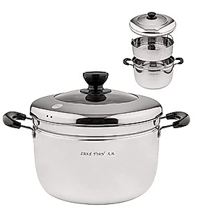 2 Tier Stainless Steel Steamer Pot Cookware Pot & Pan/Saucepan Cooking Set with Insert Basket, Great Steamer For Cooking Food, Tempered Glass Lid, Dishwasher Safe By Lake Tian (22cm/8.7in), 6qt