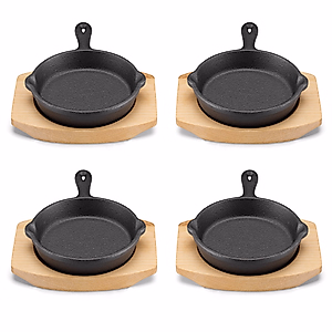 Navaris Mini Cast Iron Skillet with Wooden Base (Set of 4) - Cast Iron Frying Pan Mini Skillet with Protective Wood Base - Heavy Duty Metal Skillet Weighing 426g