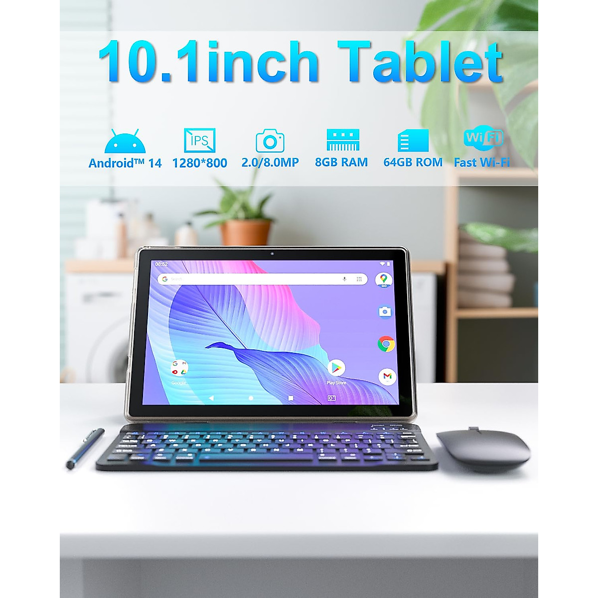 ATOZEE Tablet 10 Inch Android 14 Tablet with Keyboard Tablets Include Case Mouse Stylus 8GB RAM 64GB ROM 1TB Expandable Tablet 2MP+8MP Dual Camera 6000mAh Battery 5G WiFi-6 Bluetooth 2 in 1 Tablet PC