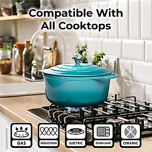 Zulay Kitchen 6 Quart Enameled Cast Iron Dutch Oven with Lid – Premium Durability & Oven Safe up to 500°F – Heavy Duty Cookware Perfect for Bread Baking, Stews, Braising & Roasting – Turquoise