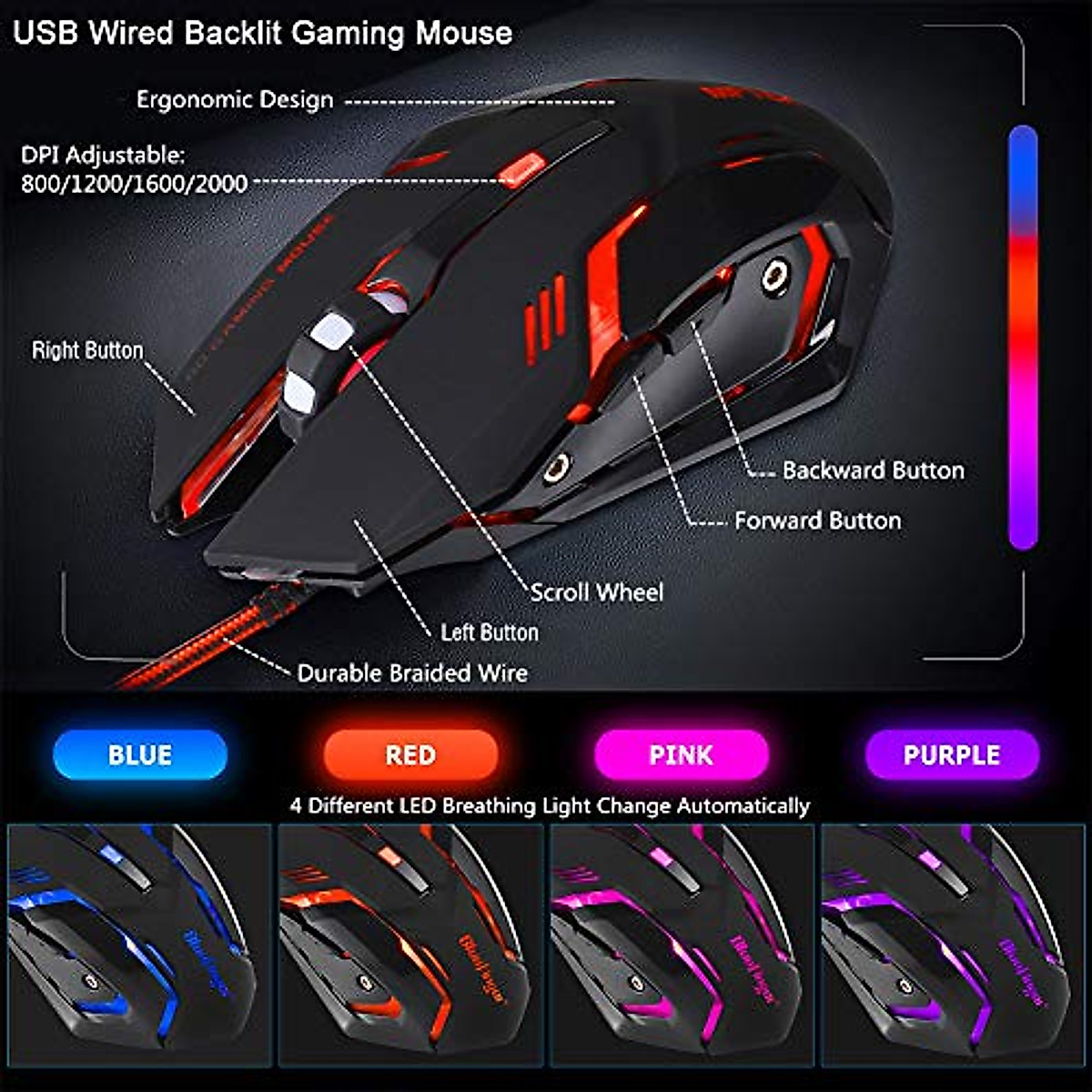 BlueFinger RGB Gaming Keyboard and Backlit Mouse and Headset Combo,USB Wired Backlit Keyboard,LED Gaming Keyboard Mouse Set,Headset with Microphone for Laptop PC Computer Game and Work