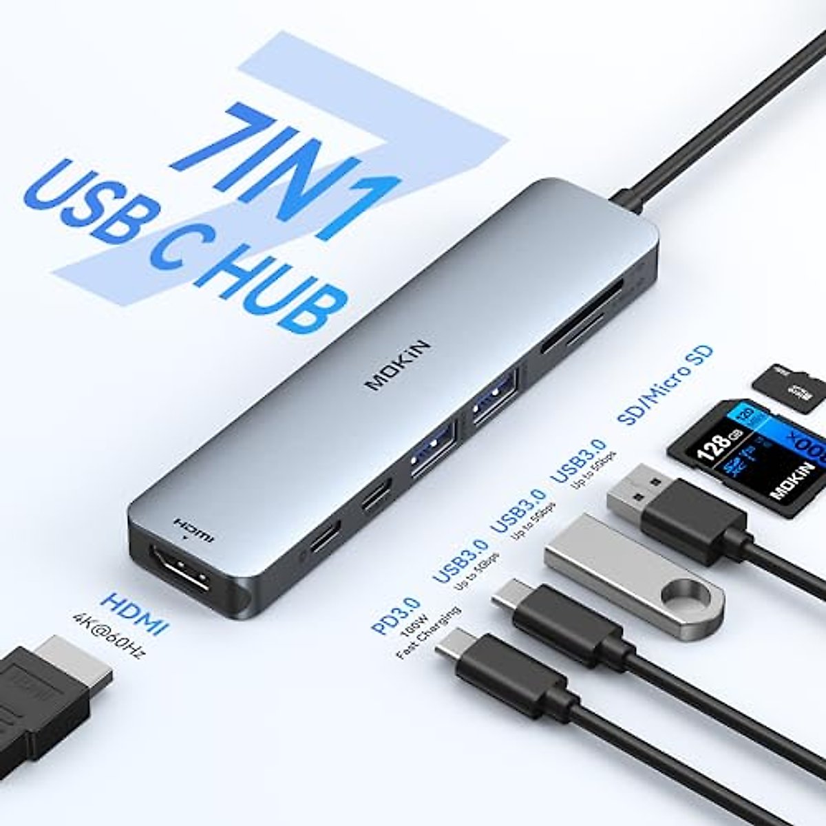 USB C Hub HDMI Adapter for MacBook Pro/Air, MOKiN 7 in 1 USB C Dongle with HDMI, SD/TF Card Reader, USB C Data Port,100W PD, and 2 USB 3.0 Compatible for MacBook Pro/Air, Dell XPS, Lenovo Thinkpad.