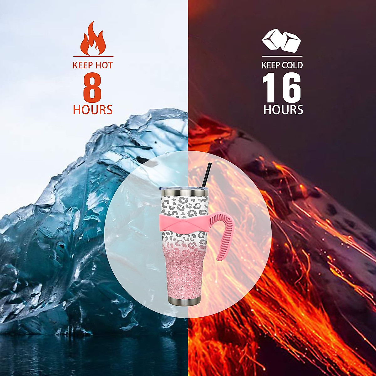 Exacmos 40 oz Tumbler with Handle and Straw 40 oz Leopard Cup Insulated Stainless Steel Coffee Travel Mug Spill Proof Leak Proof Slim 40oz Tumbler with Handle Leopard Decor Stuff Gifts for Women