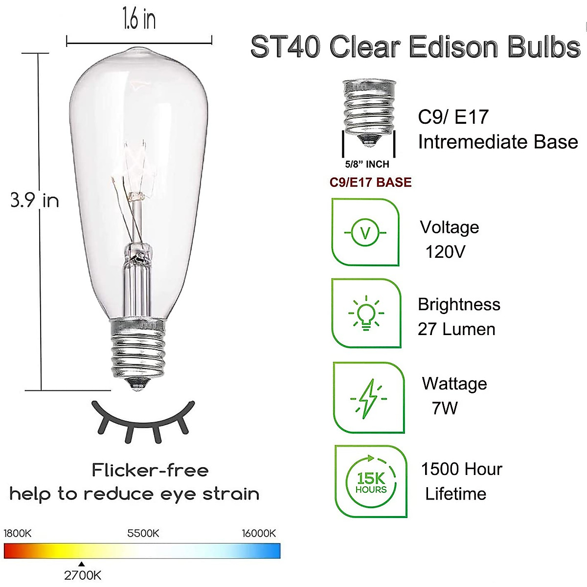 GOOTHY ST40 Edison Replacement Bulbs, 7 Watt E17 Intermediate Screw Base Clear Edison Light Bulbs ST40 Replacement Bulbs for Outdoor String Lights, C9 Incandescent Light Bulbs, Warm White-10 Pack