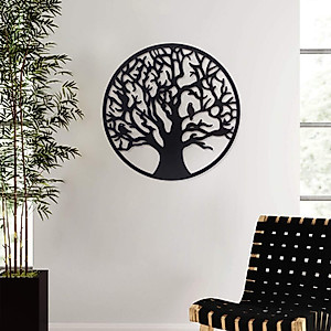 Asense 24 Inch Metal Tree Leaf Wall Art Sculptures Home Decor Hanging Round Tree of Life Home Garden Bedroom Living Room Indoor Outdoor Decoration (Tree-Round-Black)