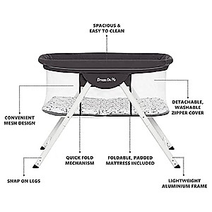 Dream On Me Poppy Traveler Portable Bassinet in Dark Grey, Lightweight, Spacious and Convenient Mesh Design, JPMA Certified, Easy to Clean and Fold Baby Bassinet - Carry Bag Included