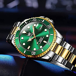 OLEVS Automatic Watches for Men Self Winding Submariner Green Face Watch Men Luxury Watches Stainless Steel Two Tone Watches Big Face Mechanical Men's Wrist Watches relojes de Hombre