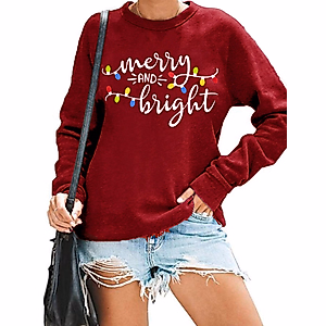 Christmas Sweatshirt Women Merry and Bright Christmas T-Shirt Funny Xmas Lights Blouse Tops Holiday Shirts (Wine Red, XX-Large)