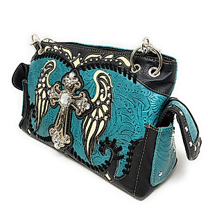 Western Tooled Leather/Laser Cut Bling Rhinestone Cross Wings Handbag Purse and Wallets in 5 Colors (Black Red Handbag)