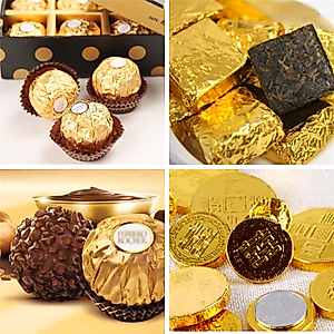 VESTARUVOT 200PCS Foil Candy Wrappers, 3.9x3.9 inches Golden Aluminium Foil Candy Wrappers Square Chocolate Molds Sugar Tin Foil Wrappers for DIY Candy Chocolate Packaging by Party Wedding Birthday