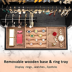 DGWJSU Earring Organizer, 5 Layer Earring Holder Organizer with Necklace Holder, Rustic Wood Jewelry Organizer Stand Display for Stud Earring Bracelet Necklace Ring, Watches