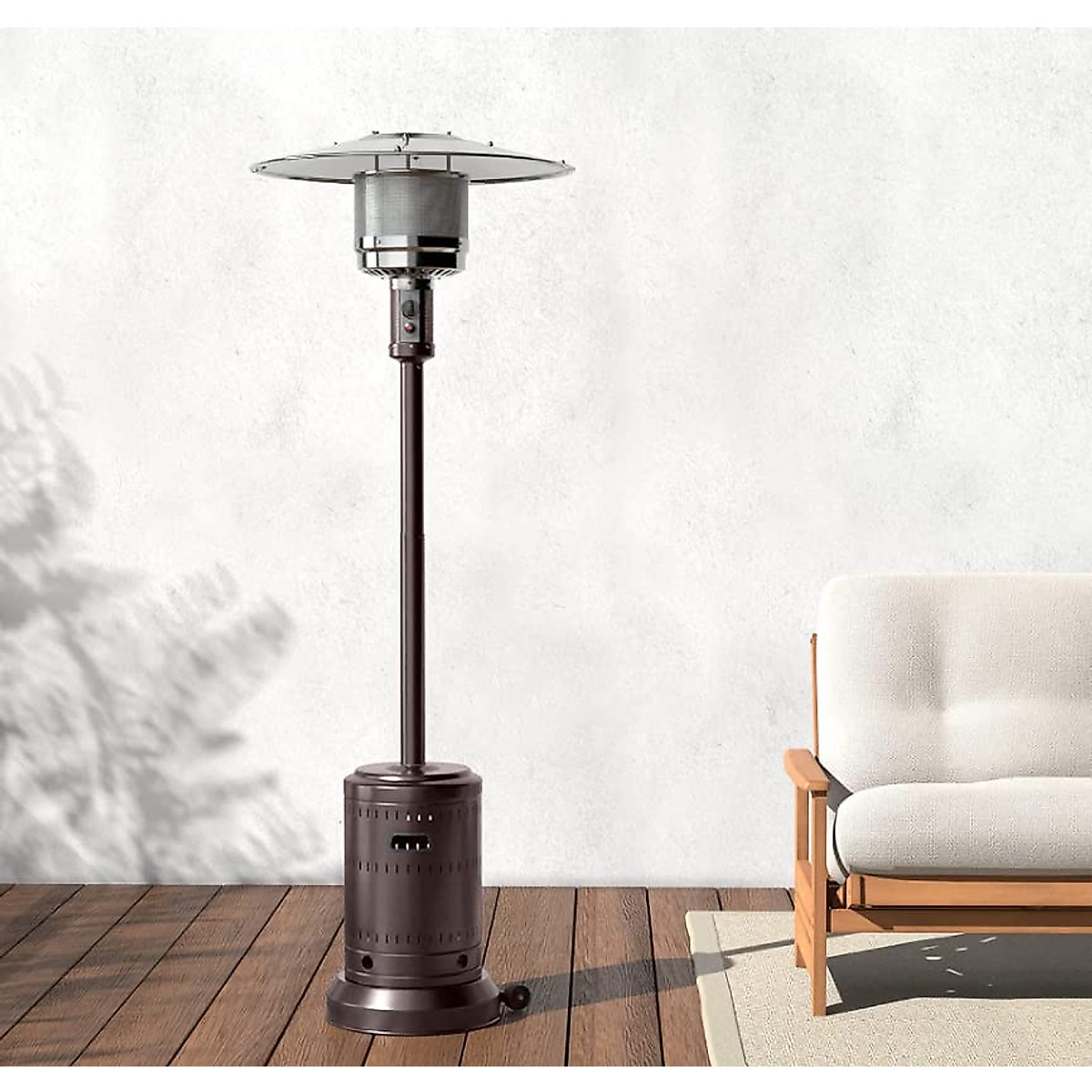 Amazon Basics 46,000 BTU Outdoor Propane Patio Heater with Wheels, Commercial & Residential, Havana Bronze, 32.1 x 32.1 x 91.3 inches (LxWxH)