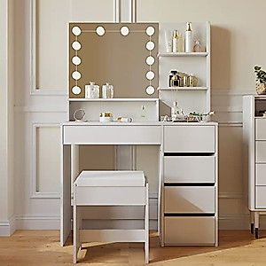 Furniouse 37" W Vanity Desk, Vanity Mirror with Lights and Table Set with 5 Drawers, Vanity Set 3 Lighting Modes Brightness Adjustable for Bedroom Studio