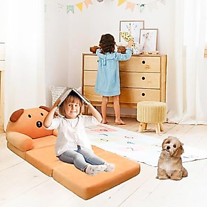 Toddler Chair Kids Sofa - Toddler Sofa Kids Couch Fold Out, 2 in 1 Flip Out Couch and Mini Sofa for Girls and Boys, Baby Couch for 1-4 Year Olds - Cute and Comfy Baby Sofa (Brown Dog)