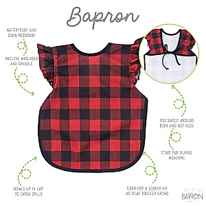 BapronBaby Flutter Red Buffalo Plaid Bapron - No Neck Tie Safer Bib for Baby & Toddler - Soft Waterproof Stain Resistant - Machine Washable - Sz Baby/Toddler 6m-3T