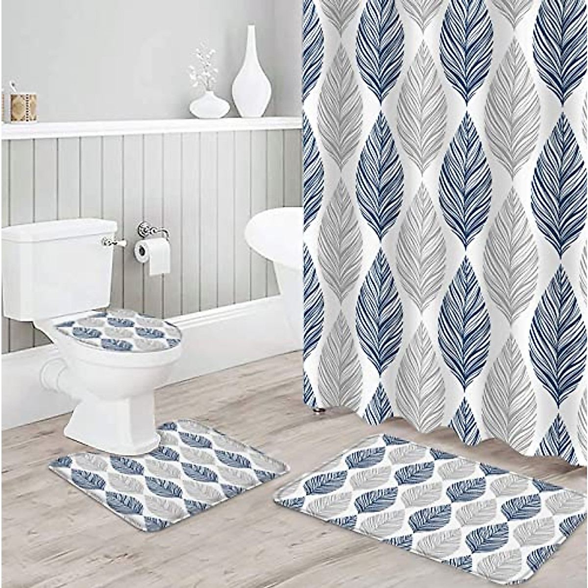 4 Pcs Shower Curtain Set with 12 Hooks Grey and Navy Blue Olive Leaf Texture Watercolor Hand Drawn Bathroom Sets with Non-Slip Bath Mat Toilet Lid Cover Waterproof Durable Shower Curtain and Rugs