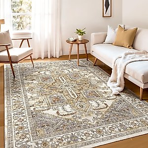 Boho Area Rugs Machine Washable for Living Room Bedroom, Large 5x7 Vintage Non-Slip Stain Resistant Floor Carpet Indoor for Kitchen Dining Room Office Home Decor, Turmeric-Grey