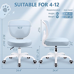 Primy Kids Desk Chair, Ergonomic Children Study Computer Chair Adjustable, Breathable Mesh Office Chair with Wheels, Armless Rolling Swivel School Task Chair for Boys Girls Age 4-12 in Home Bedroom