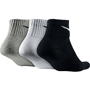 NIKE Unisex Performance Cushion Quarter Training Socks (3 Pairs), Black/White/Grey, Large