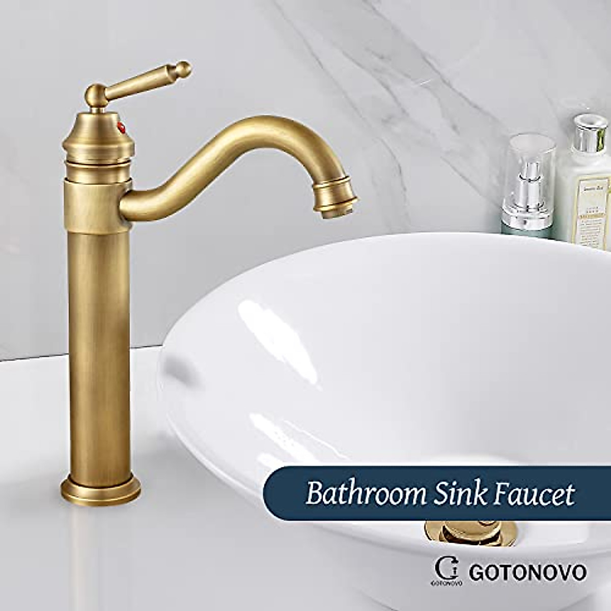 Antique Brass Single Handle Bathroom Sink Faucet Brushed Brass Long Reach Bathroom Faucet Mixer Tap Brushed Brass Pop Up Drain Without Overflow Included Hot and Cold Water