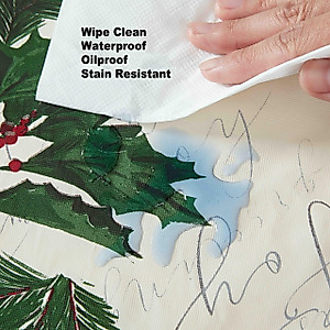 Newbridge Joyful Holly Country Rustic Vinyl Christmas Tablecloth with Flannel Backing, Holly and Berries Winter Holiday Vinyl Flannel Back Tablecloth, 70 Inch Round