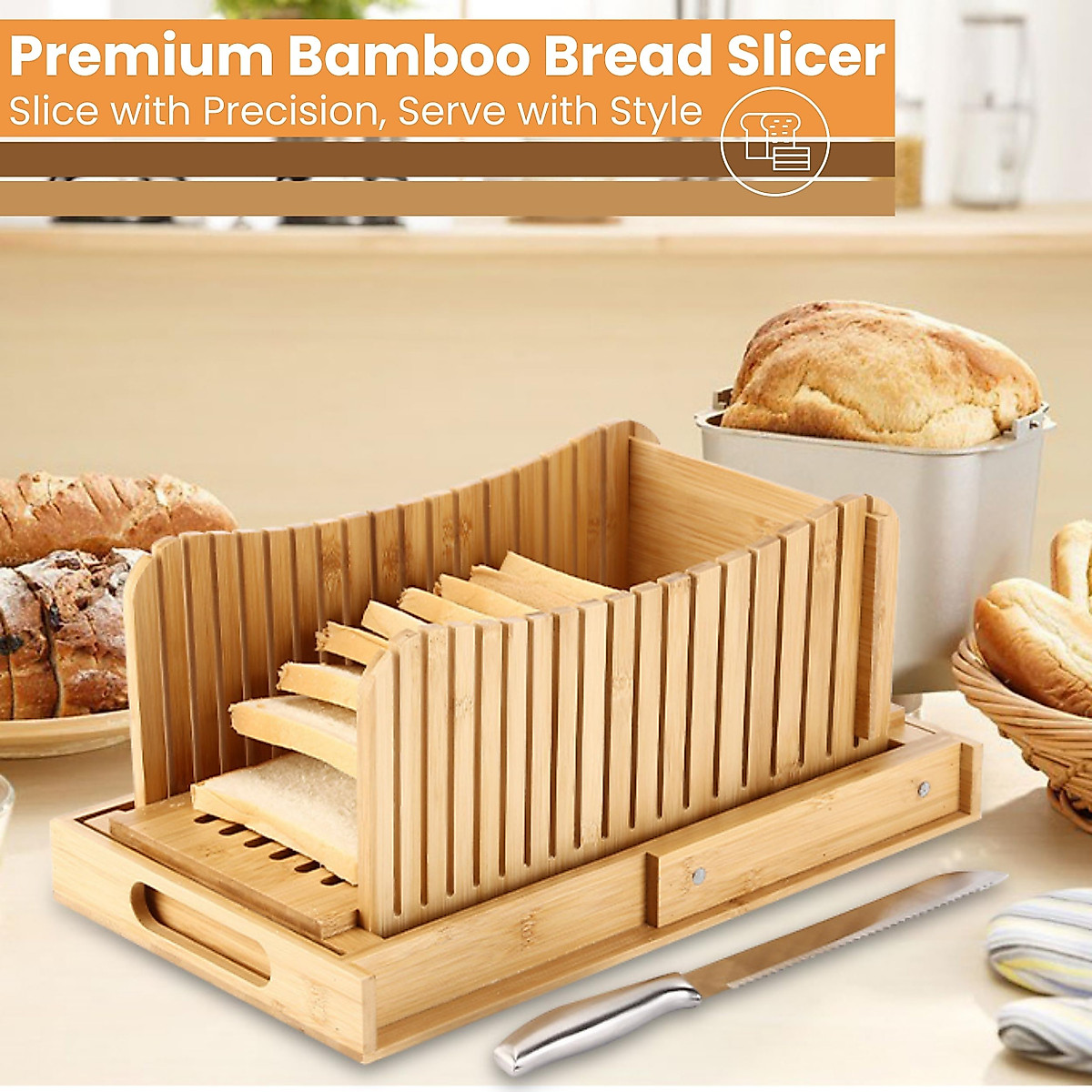 Deen Dynamics Premium Bamboo Bread Slicer for Homemade Bread, Bread Slicer with 3 Slice Thickness, Foldable bread slicer with Stainless steel knife and Compact Chopping Cutting Guide with Crumb Tray