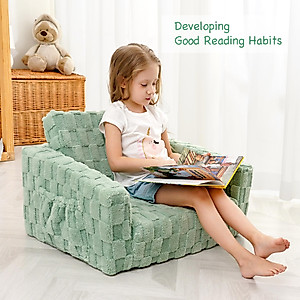 MallSingel Kids Sofa, Toddler Chair, 2-in-1 Flannel Kids Fold Out Couch, Toddler Convertible Sofa to Lounger, Flip Open Toddler Couch for Kids(White) (Green)