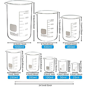 SUPERLELE 8pcs Glass Graduated Beaker Set 25, 50, 100, 200, 250, 400, 500, 1000ml, Glass Measuring Beakers with 4 Stirring Rods