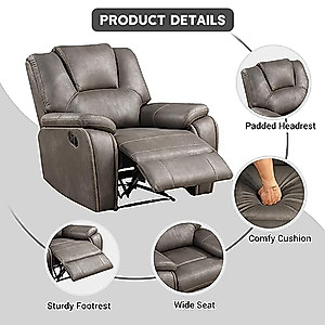 ANJ Manual Recliner Chair with Padded Headrest and Armrest, Overstuffed Reclining Chairs Comfy Faux Leather Recliners Single Sofa for Living Room