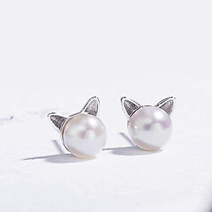 S.Leaf Cat Earrings Pearl Earrings Sterling Silver Earrings for Women Cat Memorial Gifts Cat Gifts for Cat Lovers