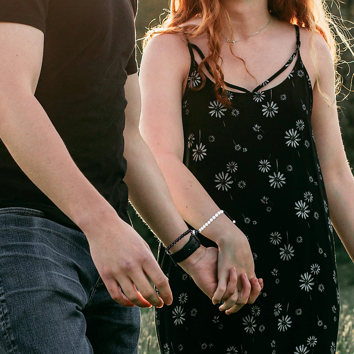 Top Plaza 2pcs Couples Bracelets Matching Heart Bracelets for Lover Healing Crystal Black Agate White Turquoise Bracelets for Couples Him & Her BF GF Valentine's Day Gifts